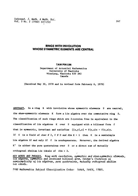 Pdf Rings With Involution Whose Symmetric Elements Are Central
