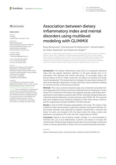 Pdf Association Between Dietary Inflammatory Index And Mental Disorders Using Multilevel