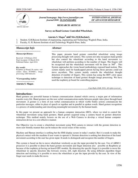 Pdf Survey On Hand Gesture Controlled Wheelchair