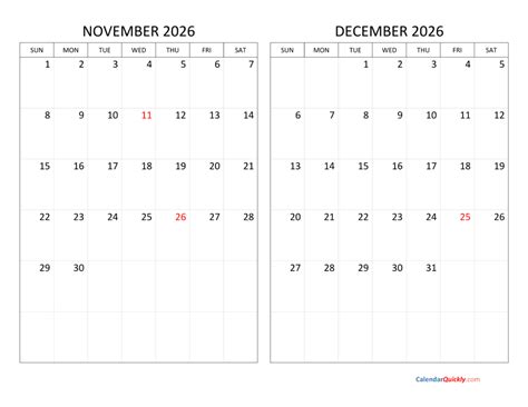 November And December 2026 Calendar Printable Templates Hub