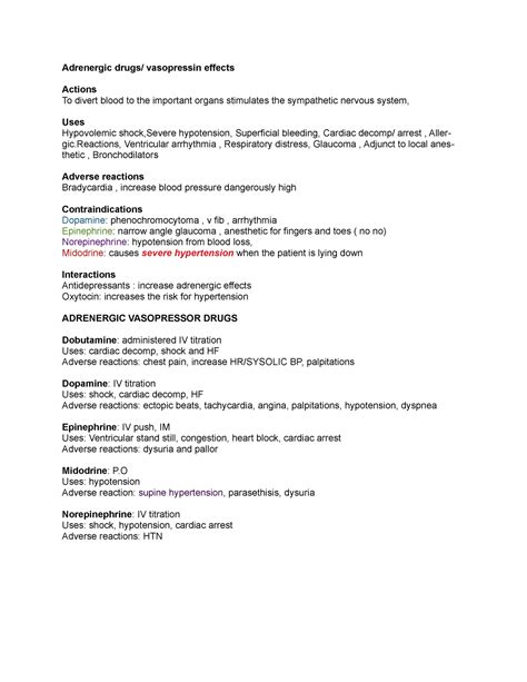 Adrenergic Vasopressor Adrenergic Drugs Vasopressin Effects Actions