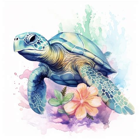 Premium AI Image Painting Of A Turtle With A Flower In Its Mouth Generative Ai