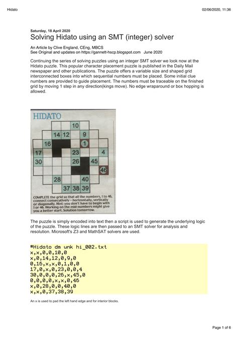 pdf solving hidato using an smt integer solver