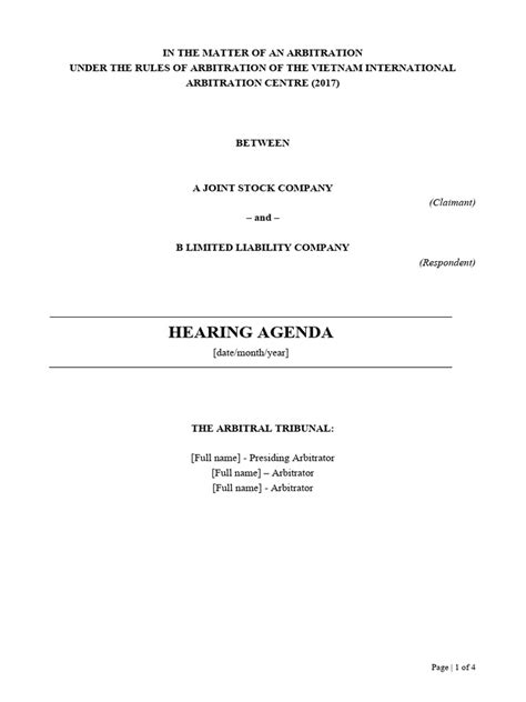 Hearing Agenda Template Pdf Arbitral Tribunal Justice