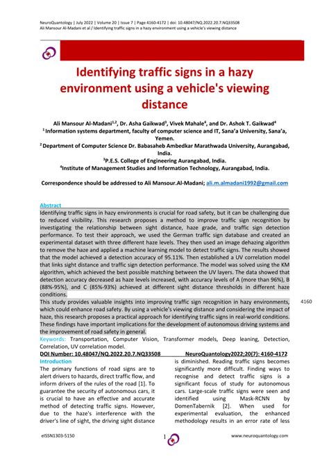 Pdf Identifying Traffic Signs In A Hazy Environment Using A Vehicles Viewing Distance