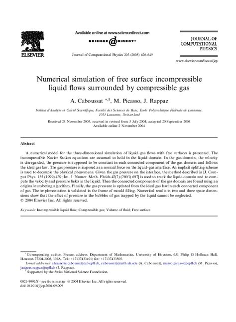 Pdf Numerical Simulation Of Free Surface Incompressible Liquid Flows