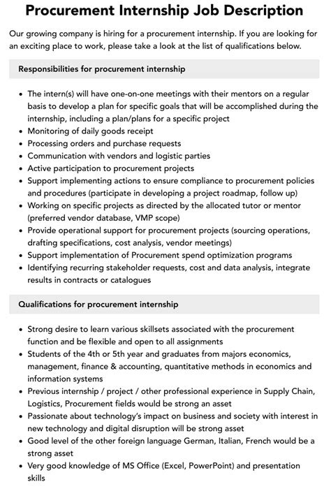 Procurement Internship Job Description Velvet Jobs