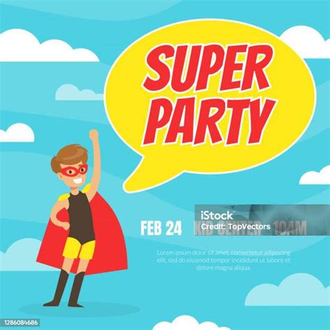슈퍼 파티 초대 카드 슈퍼 히어로 의상을 입고 귀여운 해피 보이와 생일 배너 키즈 파티 전단지 템플릿 만화 벡터 일러스트