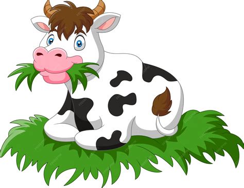 Vaca De Dibujos Animados Sentarse Comiendo Hierba Vector Premium