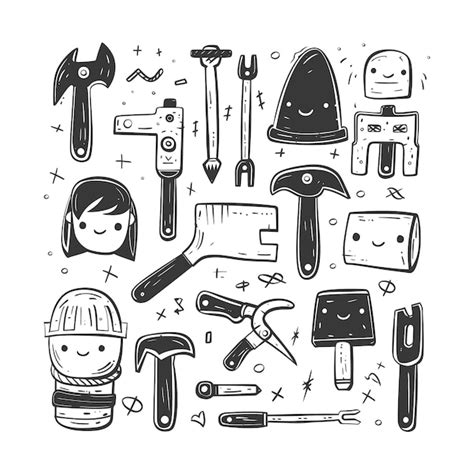Hand Drawn Cute Cunstruction Tool Kawaii Doodle Collection Set With