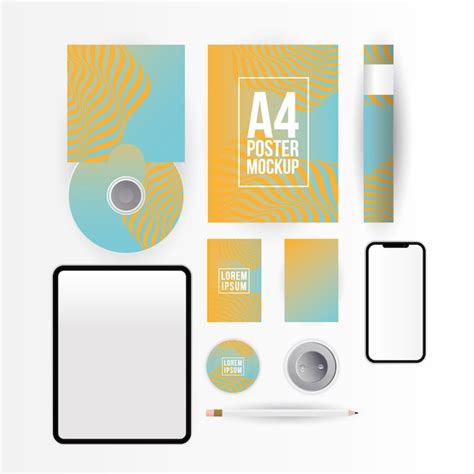 기업의 정체성 템플릿 및 브랜딩 테마의 모형 태블릿 스마트 폰 Cd 및 A4 포스터 디자인 프리미엄 벡터