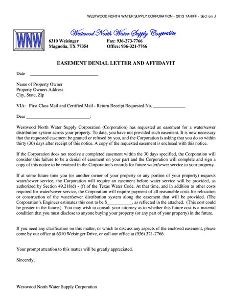 Fillable Online 12 Right Of Way Easement Denial Letter And Affidavit