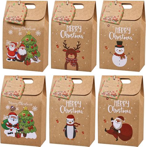 30pcs Christmas Kraft T Bags With Assorted Christmas Prints And Tags