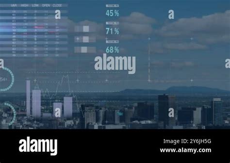 data visualization animation over cityscape with charts graphs and