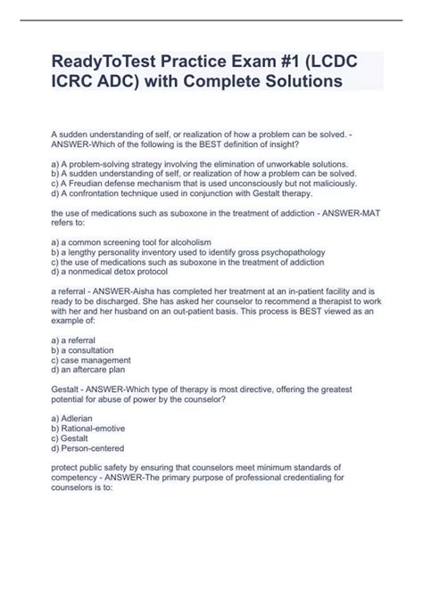 ReadyToTest Practice Exam LCDC ICRC ADC With Complete Solutions LCDC Stuvia US