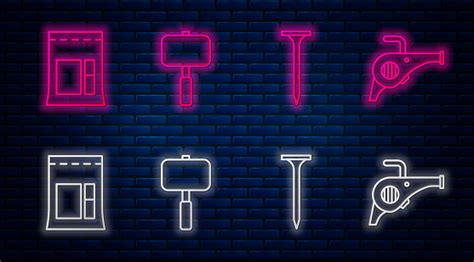 세트 라인 썰매 망치 금속 손톱 시멘트 가방과 잎 정원 송풍기 벽돌 벽에 빛나는 네온 아이콘 벡터 가방에 대한 스톡 벡터 아트 및 기타 이미지 Istock