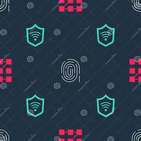 Set Graphic Password Protection Fingerprint And Shield With Wifi Wireless On Seamless Pattern