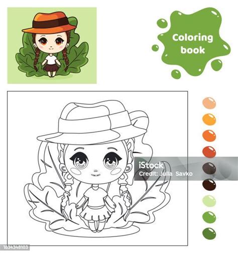 아이들을 위한 색칠하기 책 모자를 쓴 만화 애니메이션 소녀와 함께 그림을 그리기 위한 워크시트 4 5세에 대한 스톡 벡터 아트