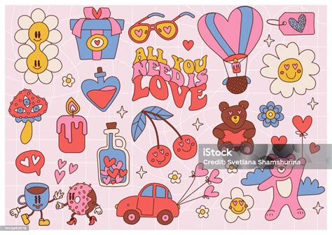 세인트 발렌타인 그루브 복고풍 만화 클립 아트 엽서 초대 2 월 14 일 히피 재미있는 요소 하트 풍선 체리 꽃 이모티콘 70년대 스타일의 레터링 벡터 그림입니다 14에