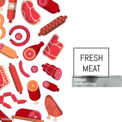 벡터 평면 고기와 소시지 아이콘 배경 장소에 대 한 텍스트 설명 가공육에 대한 스톡 벡터 아트 및 기타 이미지 가공육 개체
