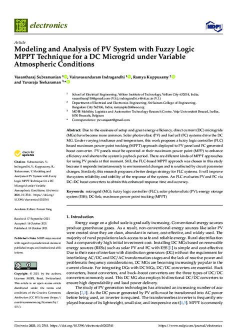 Pdf Modeling And Analysis Of Pv System With Fuzzy Logic Mppt Technique For A Dc Microgrid
