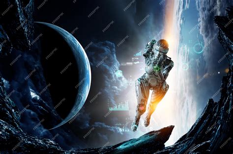 Premium Photo | Cyborg shining silver woman running in space. mixed media