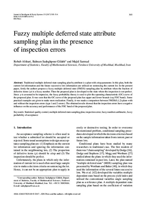 Pdf Fuzzy Multiple Deferred State Attribute Sampling Plan In The
