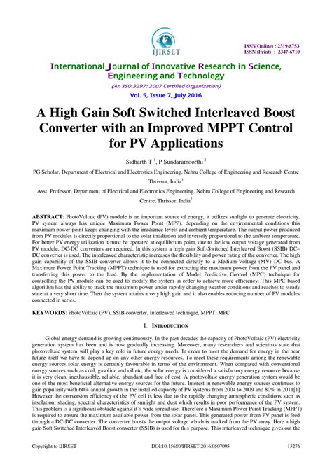 Pdf A High Gain Soft Switched Interleaved Boost Converter With An Improved Mppt Control For Pv