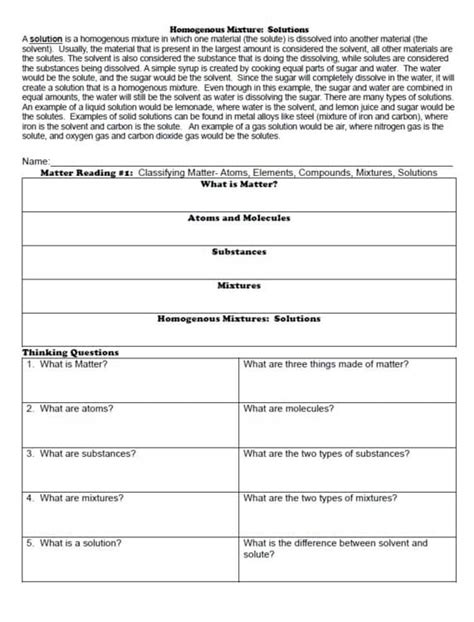 Matter Reading 1 Classifying Matter Atoms Elements Compounds Mixtures