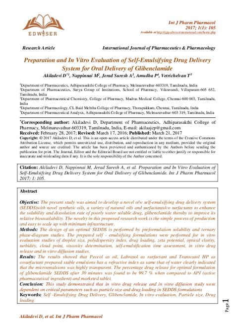 Pdf Preparation And In Vitro Evaluation Of Self Emulsifying Drug Delivery System For Oral