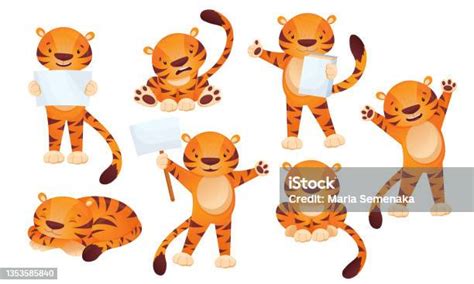 흰색 배경에 고립 된 귀여운 벡터 호랑이 세트 새로운 2022년의 상징인 비문에 대한 배너가 있는 평평한 스타일의 호랑이 의 어린이 일러스트 가공의 인물에 대한 스톡 벡터