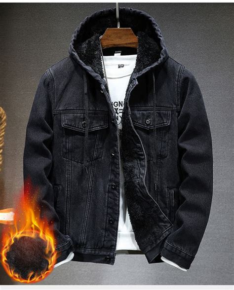 Куртка джинсовая Мужской Капюшон Манжеты черно коричневый Полиэстер Хлопок размер 54 Длинный