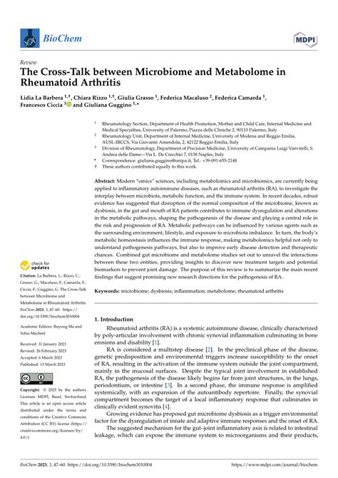 Pdf The Cross Talk Between Microbiome And Metabolome In Rheumatoid Arthritis