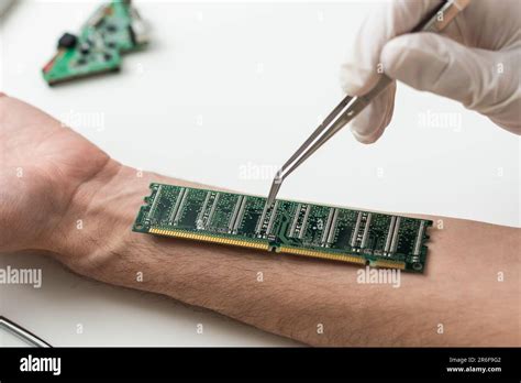 The Man Shows His Hand With A Chip Implanted The Concept Of Chipping And Implantation Of