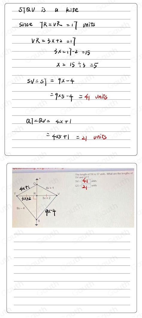 solved the length of tr is 17 units what are the lengths of sv and qt