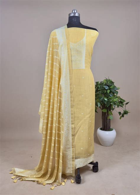Yellow Jamdani Weaving Unstitched Suit In Maheshwari