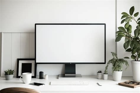 Premium Ai Image Minimalistic Home Workspace Environment With Desktop Computer Blank Screen