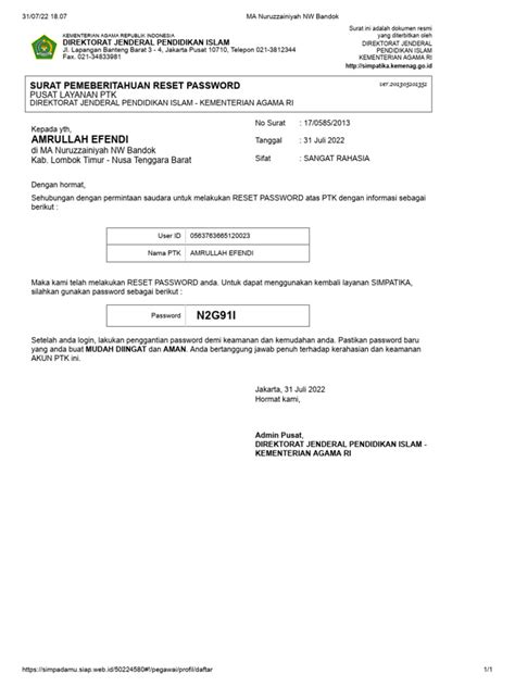 Surat Reset Password Ptk Kemenag Ri Pdf