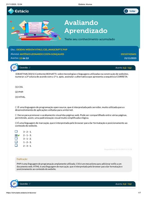 Simulado Desenv Web Em Html5 Css Javascript E Php Ava2 Pdf Html