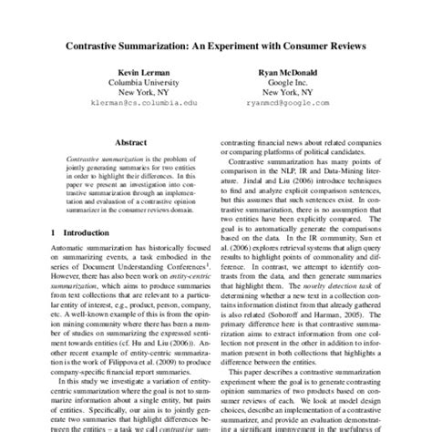 Contrastive Summarization An Experiment With Consumer Reviews Acl Anthology