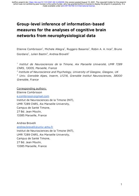 Pdf Group Level Inference Of Information Based Measures For The Analyses Of Cognitive Brain