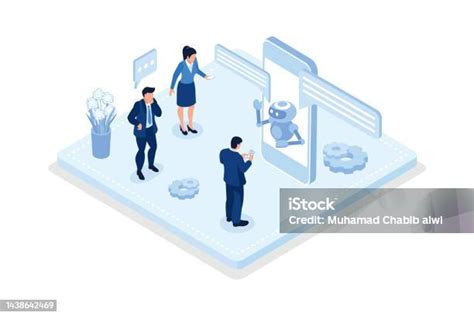 스마트폰에서 챗봇과 대화하는 고객 로봇과 채팅하고 질문하고 답변을 받는 캐릭터 Ai 어시스턴트 지원 및 Faq 개념 아이소메트릭