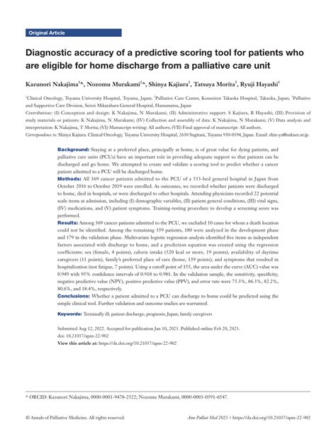 Pdf Diagnostic Accuracy Of A Predictive Scoring Tool For Patients Who Are Eligible For Home