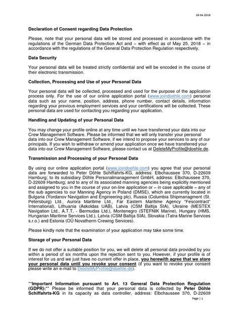 Joindoehle Seafarer Declaration Of Consent Regarding Data Protection