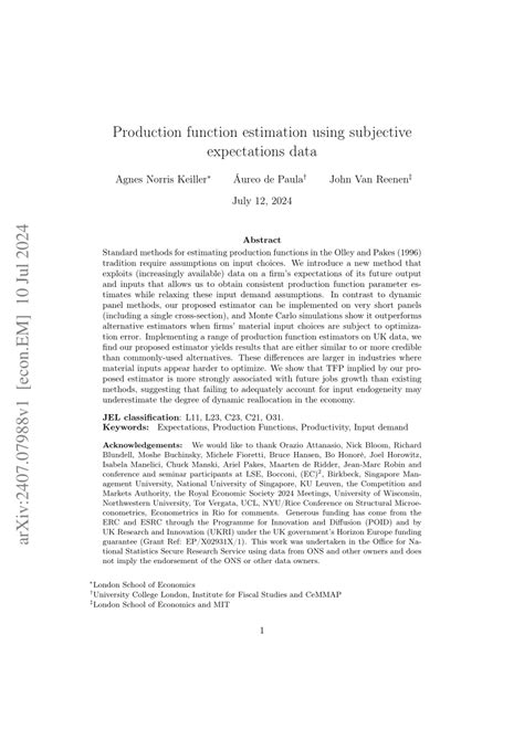 Pdf Production Function Estimation Using Subjective Expectations Data