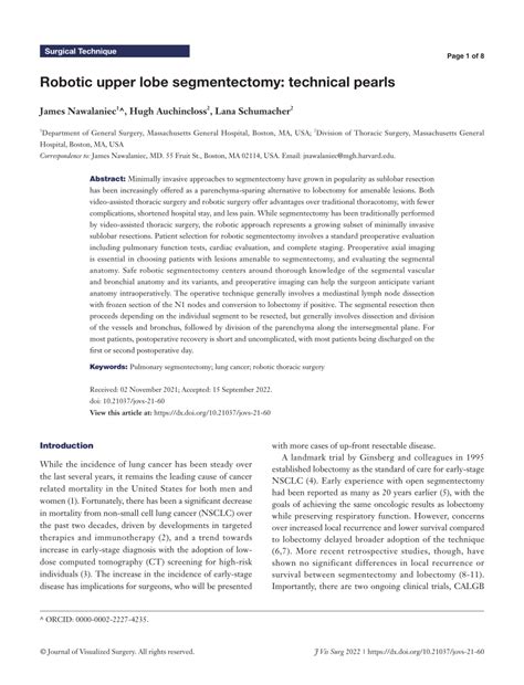 Pdf Robotic Upper Lobe Segmentectomy Technical Pearls