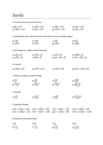 Maths Surds Worksheet Teaching Resources