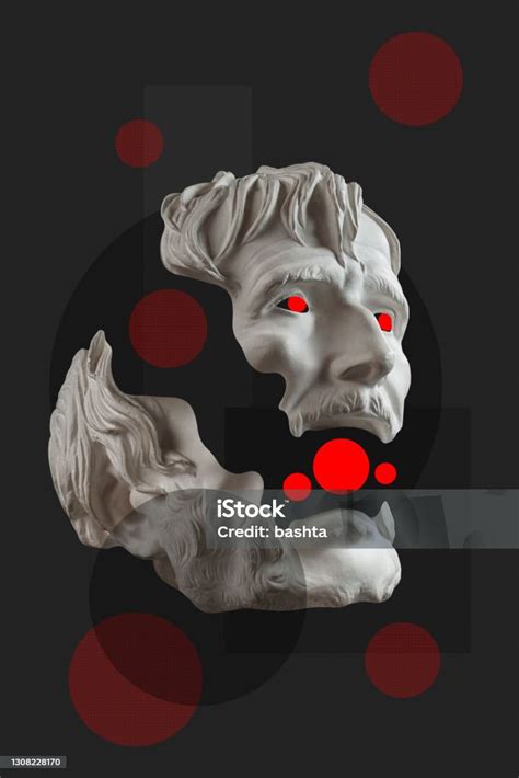 팝 아트 스타일의 인간의 얼굴 초현실적 인 콜라주의 골동품 조각 동상 머리의 컷 디테일이 있는 현대적인 이미지 빨간 눈 어두운 개념 진 문화 현대 미술 포스터 펑키 복고풍