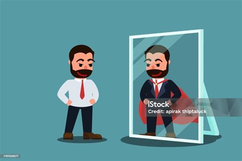 한 사업가가 슈퍼히어로처럼 빨간 망토를 두르고 거울을 보며 자신 있게 서 있다 사업에서 성공하기 위한 목표와 야망을 갖는 개념 자신감 개념에 대한 스톡 벡터 아트 및 기타