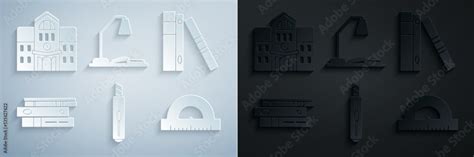 Set Stationery Knife Office Folders With Papers And Documents Protractor Grid For Measuring